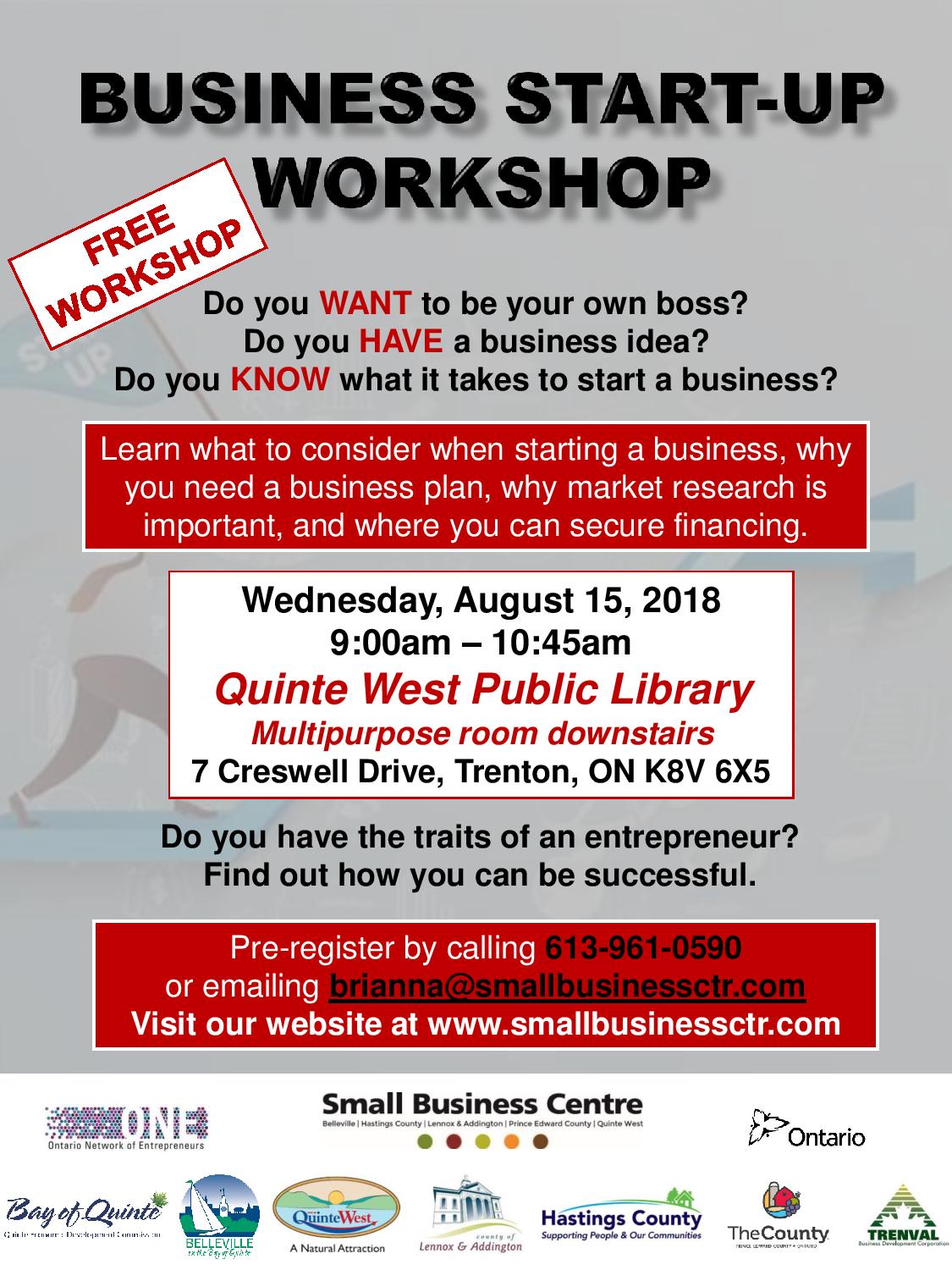Small Business Centre: Business Start-Up Workshop, Quinte West - Bay of ...